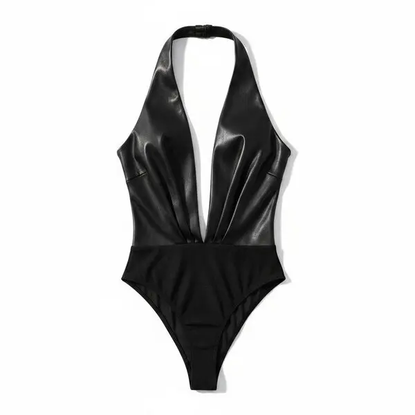 Andamane Faux Leather Halter Neck Bodysuit With Mesh Bottom - Black