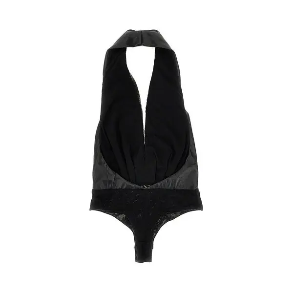 Andamane Faux Leather Halter Neck Bodysuit With Mesh Bottom - Black