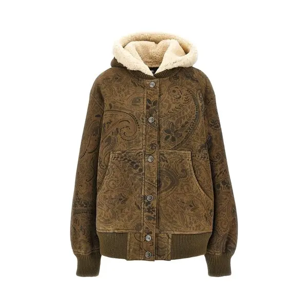 Etro Leather Jacket With Paisley Motif - Khaki
