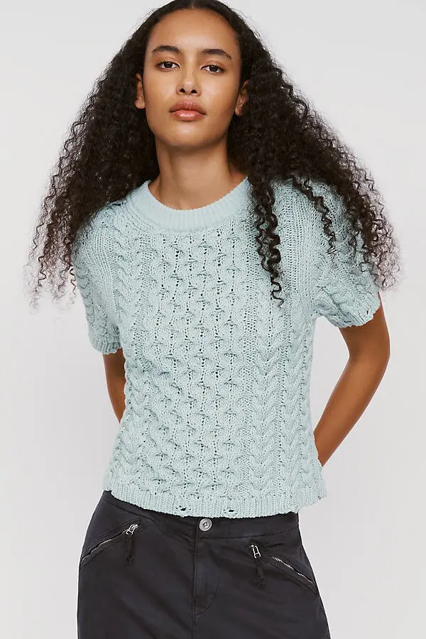Anthropologie Cable-knit Short-sleeve Sweater - Mint