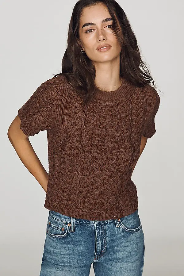 Anthropologie Cable-knit Short-sleeve Sweater - Taupe