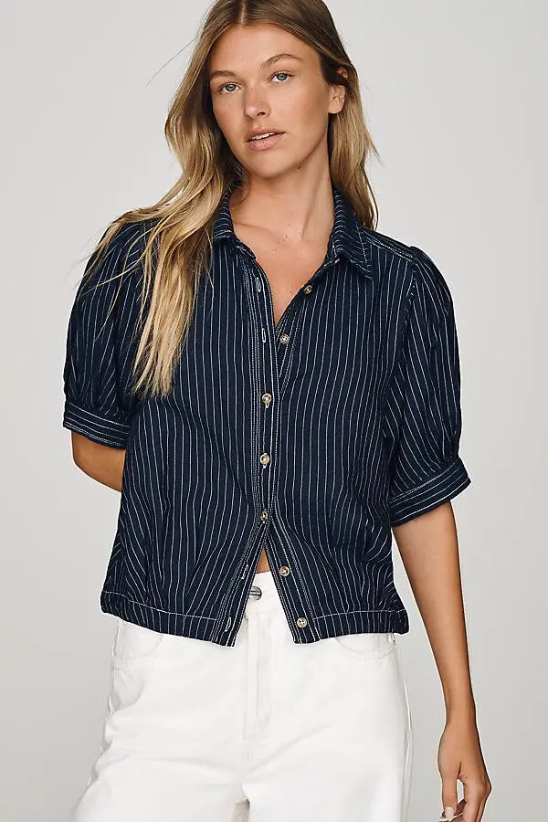 PILCRO Cotton Denim Puff-sleeve Top - Dark Denim