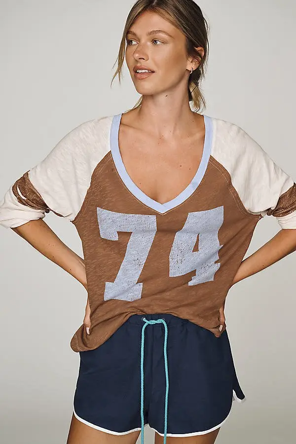PILCRO Cotton Long-sleeve Varsity Shirt Top - Brown Pattern