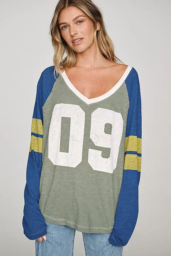 PILCRO Cotton Long-sleeve Varsity Shirt Top - Green Pattern