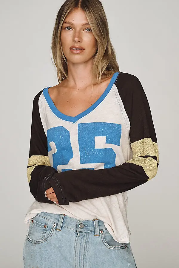 PILCRO Cotton Long-sleeve Varsity Shirt Top - Ivory Pattern