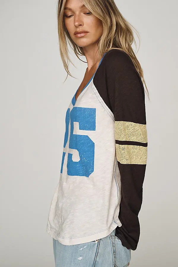 PILCRO Cotton Long-sleeve Varsity Shirt Top - Ivory Pattern