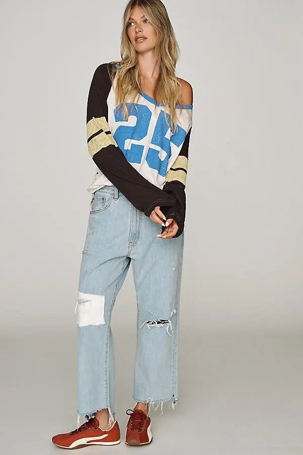 PILCRO Cotton Long-sleeve Varsity Shirt Top - Ivory Pattern