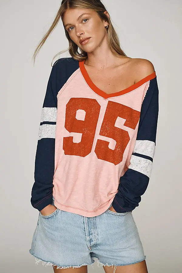 PILCRO Cotton Long-sleeve Varsity Shirt Top - Pink Pattern