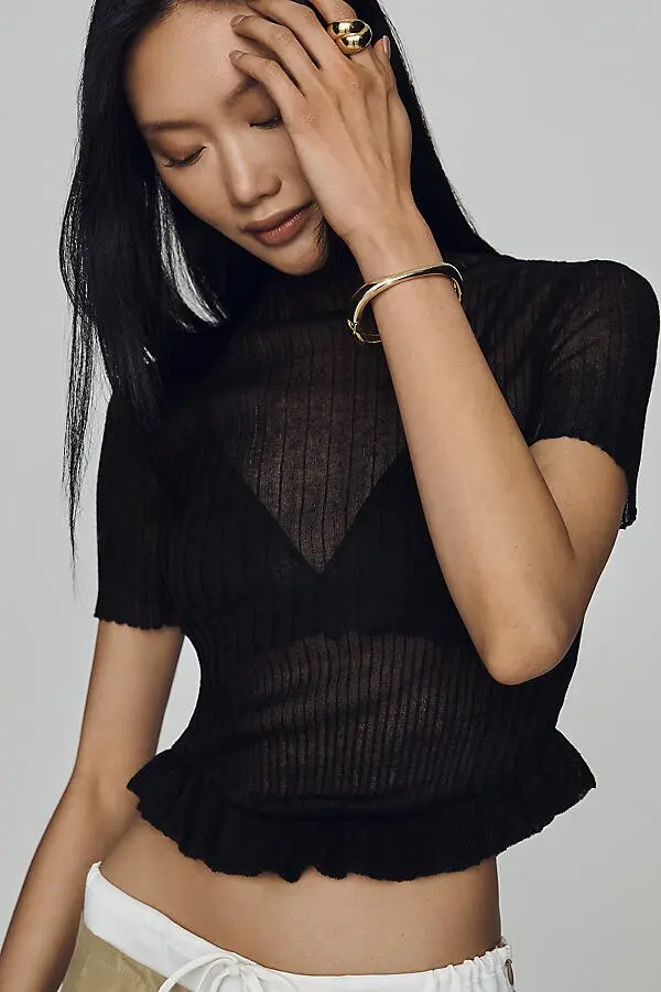 Anthropologie Semi-sheer Ruffle-hem Sweater - Black
