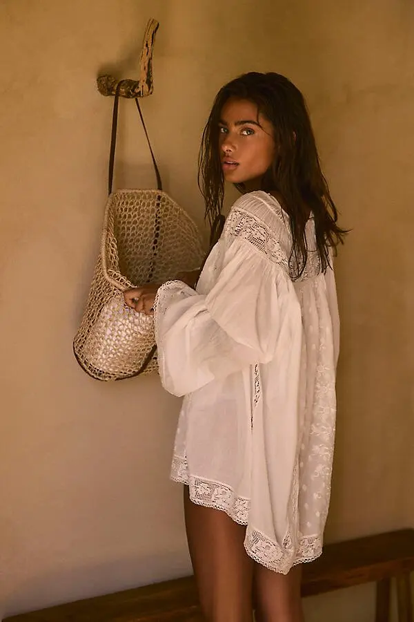 Bhldn Cottage Cotton Sleep Shirt With Lace Insets And Billowed Sleeves - Cloud Dancer