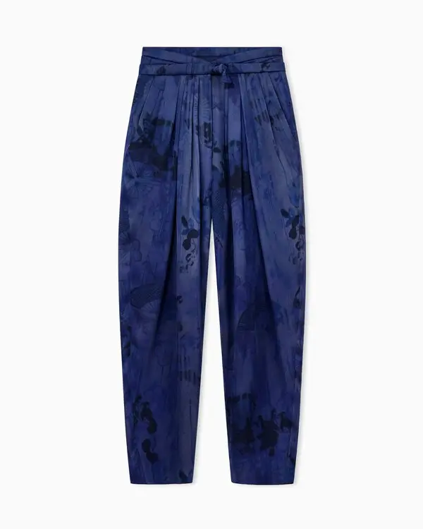 Giorgio Armani Multi-pleated Trousers In Printed Silk Charmeuse With Knot - Blue