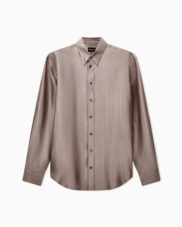 Giorgio Armani Shirt Regular Fit In Viscose And Silk Chevron Jacquard - Brown