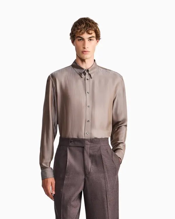 Giorgio Armani Shirt Regular Fit In Viscose And Silk Chevron Jacquard - Brown