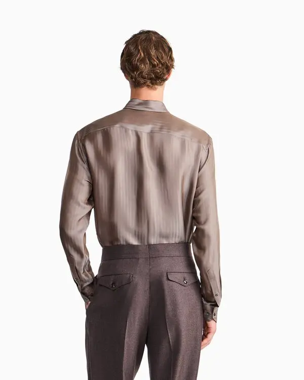 Giorgio Armani Shirt Regular Fit In Viscose And Silk Chevron Jacquard - Brown