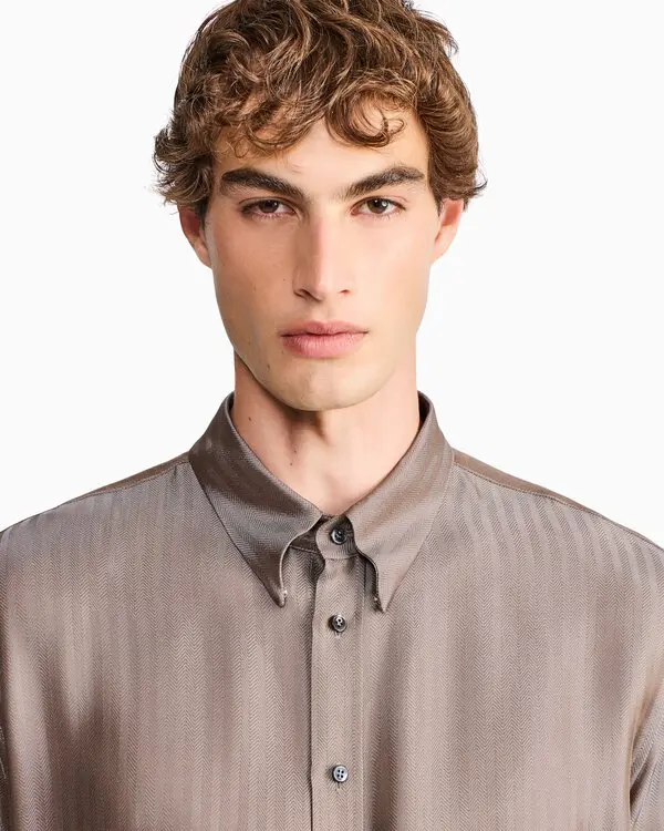 Giorgio Armani Shirt Regular Fit In Viscose And Silk Chevron Jacquard - Brown