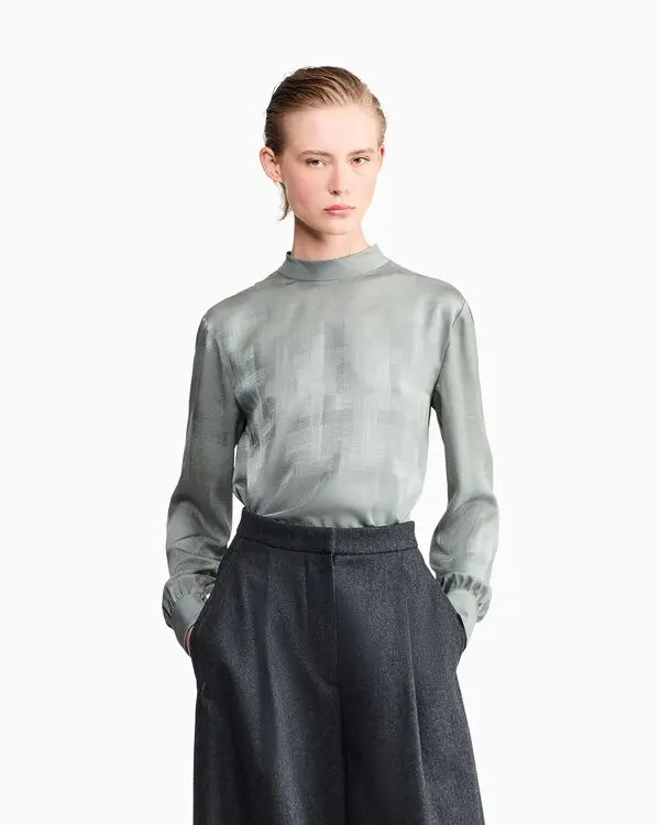 Giorgio Armani Silk Crepe Satin Checkered Shirt With Ribbon Detail