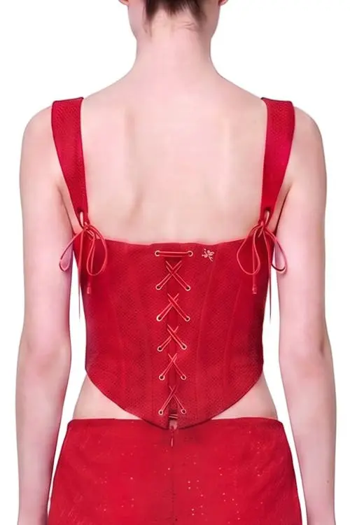 PCFG Embroidered Corset Top With Lace-up Detail