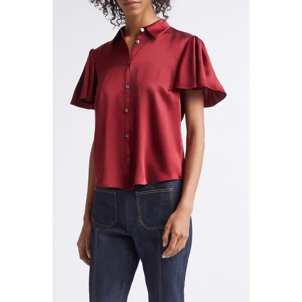 Cinq À Sept Fiona Flutter Sleeve Silk Satin Button-up Shirt - Berrywine