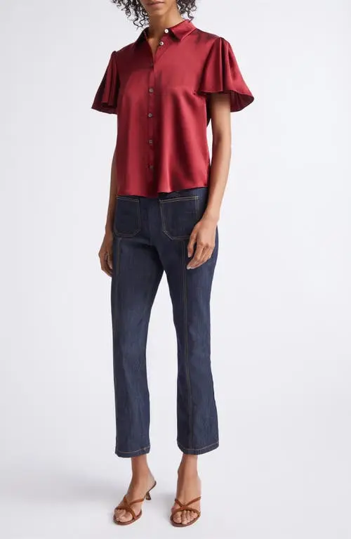 Cinq À Sept Fiona Silk Satin Flutter Sleeve Shirt