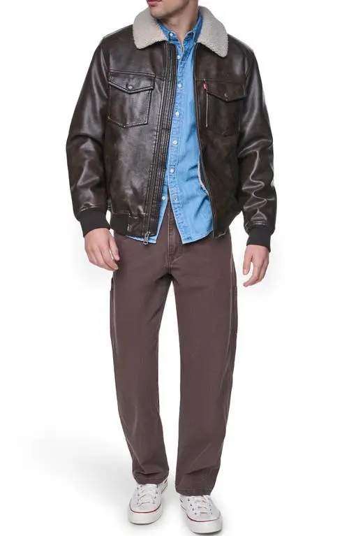 LEVI'S Faux Leather Bomber Jacket With Faux Shearling Collar - Brown