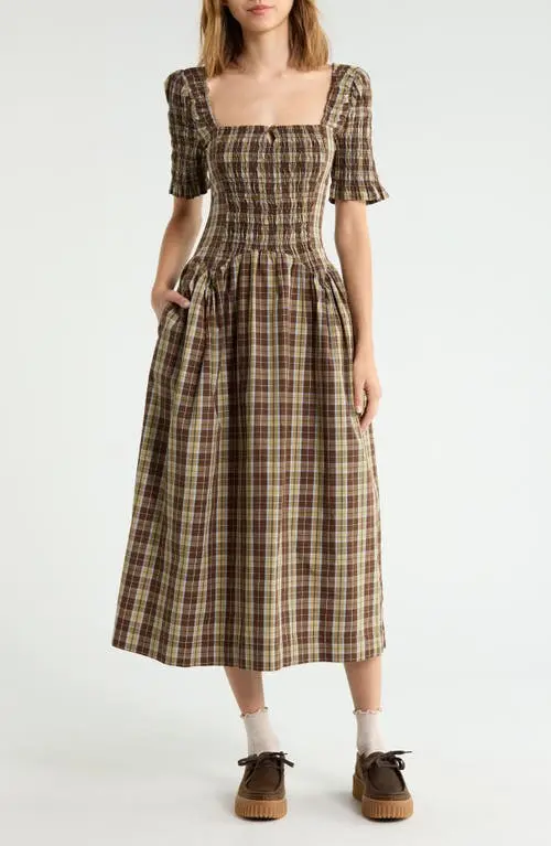 DAMSON MADDER Checked Organic Cotton Midi Dress - Cocoa