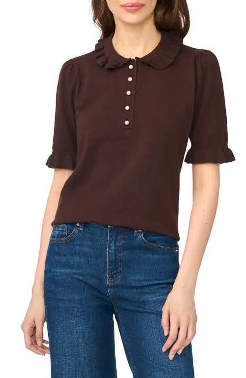 CECE DUPRAZ Ruffle Collar Short Sleeve Polo Sweater - Coffee Bean