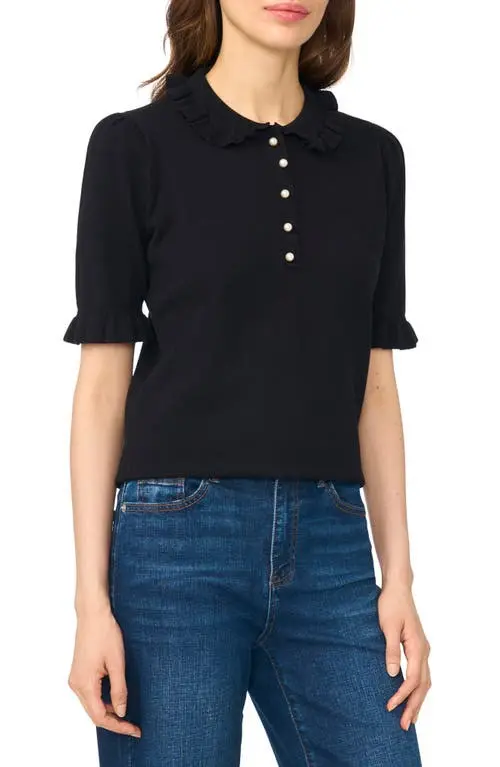 CECE DUPRAZ Ruffle Collar Short Sleeve Polo Sweater - Rich Black
