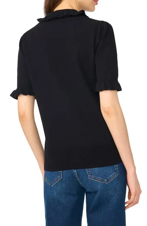 CECE DUPRAZ Ruffle Collar Short Sleeve Polo Sweater - Rich Black