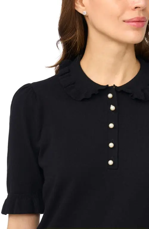 CECE DUPRAZ Ruffle Collar Short Sleeve Polo Sweater - Rich Black
