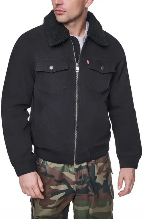 LEVI'S Cotton Aviator Bomber Jacket With Faux Shearling Collar - Black