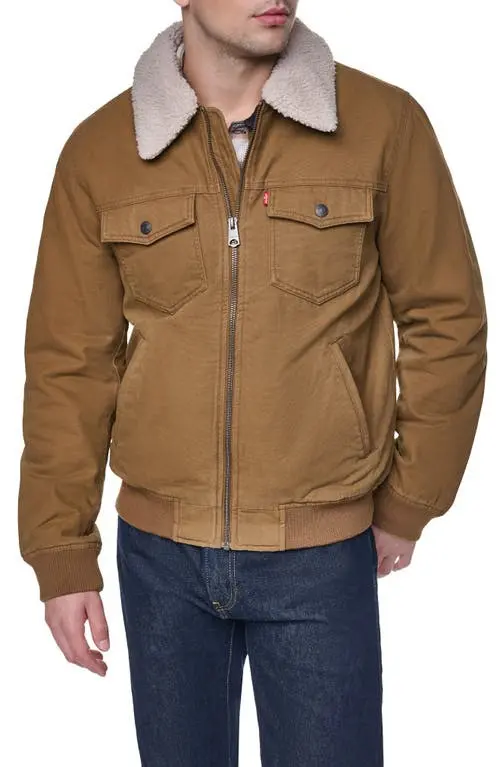 LEVI'S Cotton Aviator Bomber Jacket With Faux Shearling Collar - Brown