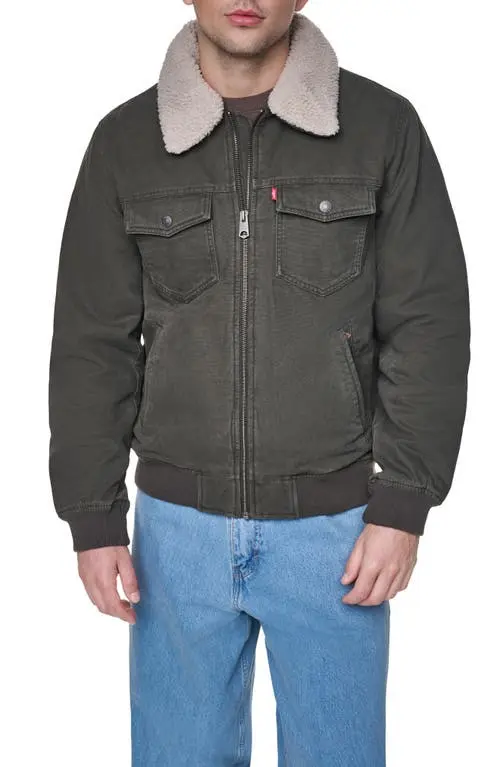 LEVI'S Cotton Aviator Bomber Jacket With Faux Shearling Collar - Olive