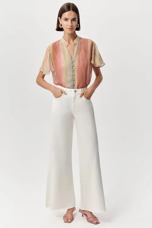 EXQUISE Savanah High Waist Wide Leg Denim Trousers - Bone
