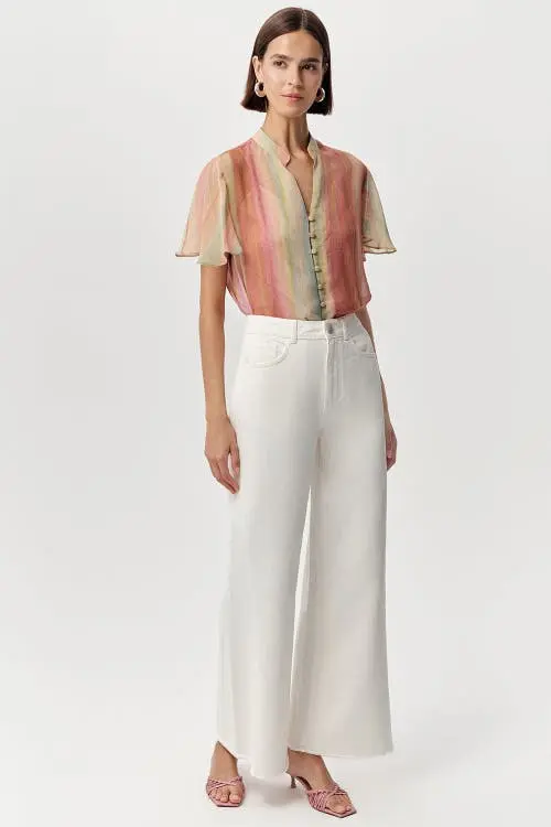 EXQUISE Savanah High Waist Wide Leg Denim Trousers - Bone