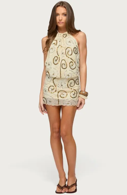 EDIKTED Areli Beaded Sequin Halter Minidress
