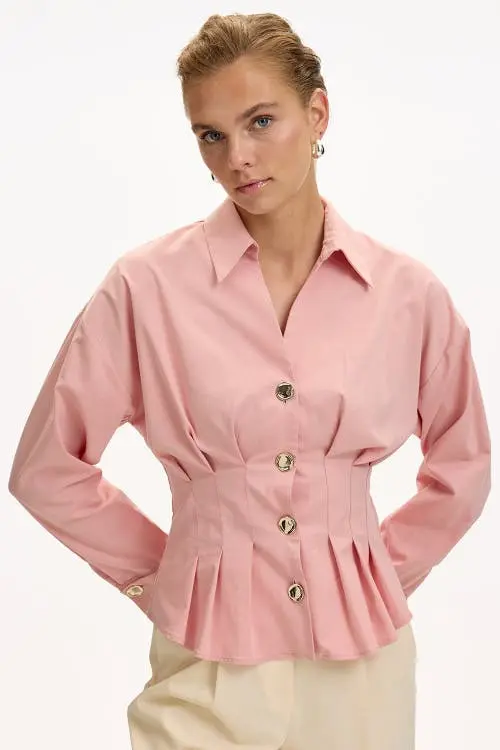 EXQUISE Pleated Fitted Waist Cotton Poplin Shirt - Pink