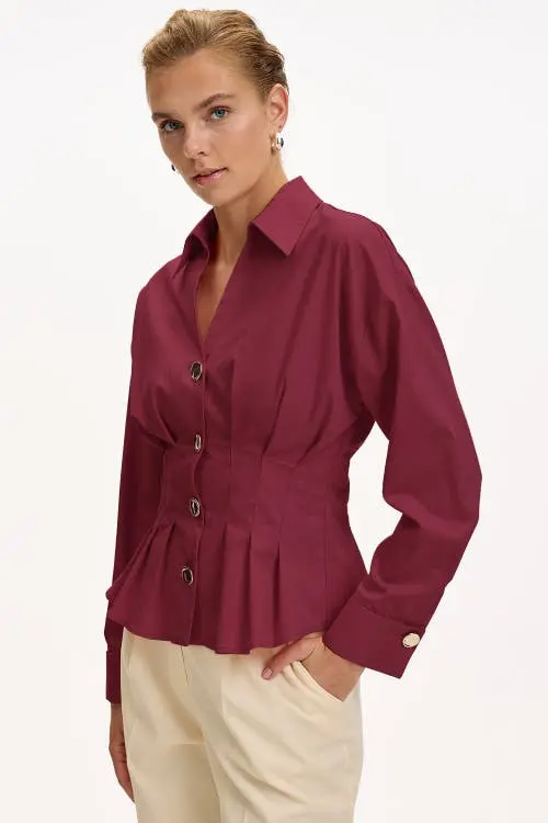 EXQUISE Pleated Fitted Waist Cotton Poplin Shirt - Red
