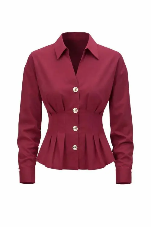 EXQUISE Pleated Fitted Waist Cotton Poplin Shirt - Red