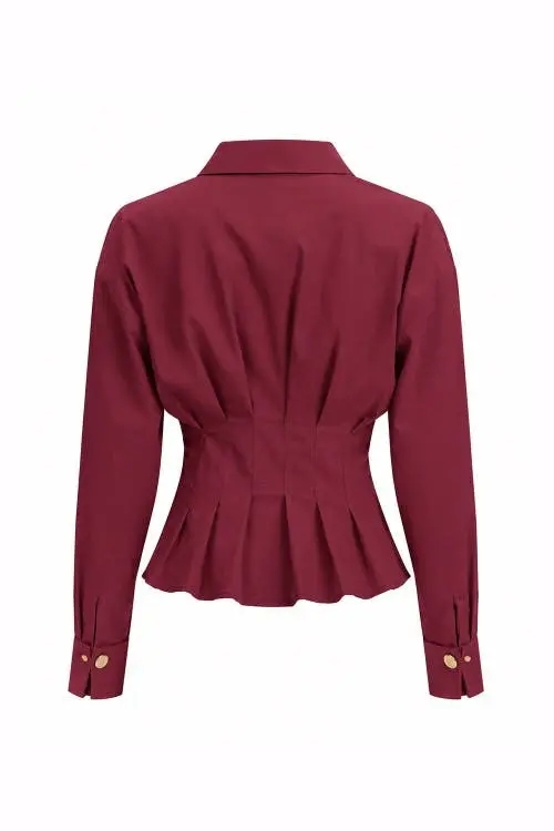 EXQUISE Pleated Fitted Waist Cotton Poplin Shirt - Red
