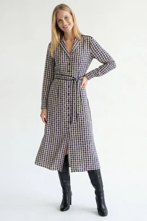 EXQUISE Long Sleeve Geometric Print Midi Shirt Dress With Waist Detail - Black