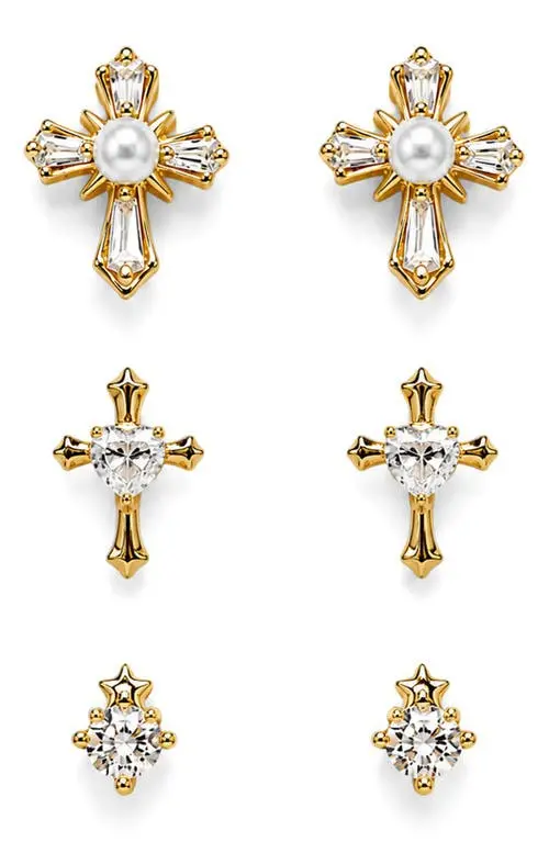 LA MENO Set Of 3 Crystal Cross Stud Earrings - Gold