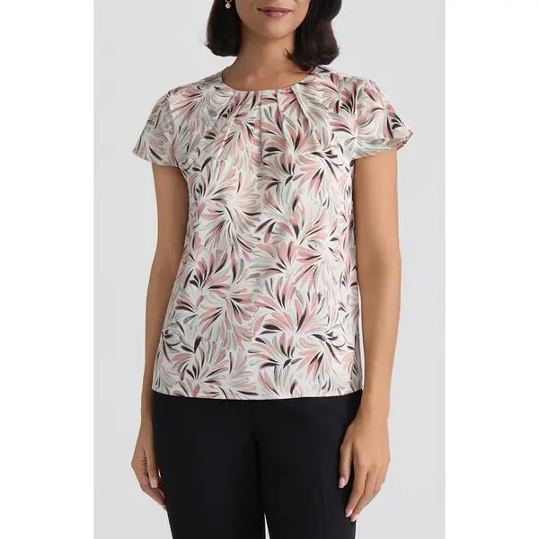 KASPER Pleated Neck Fan Print Top - Tearose Multi