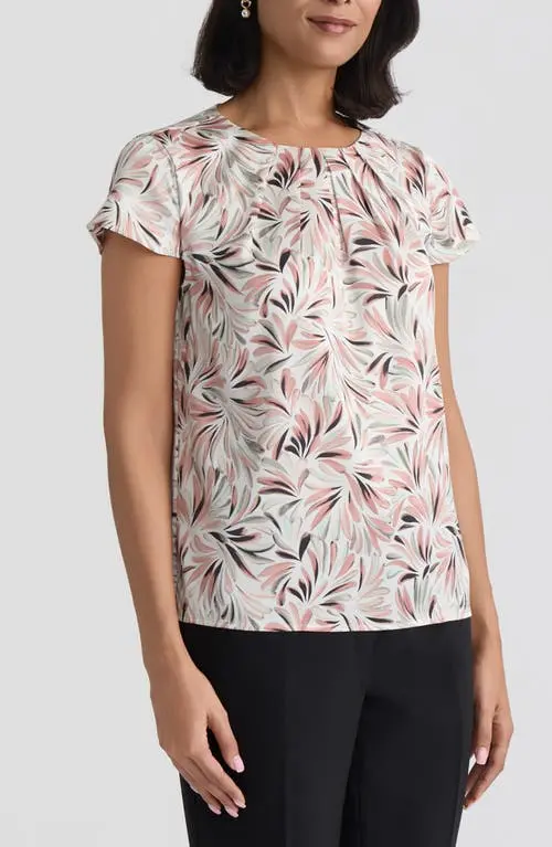 KASPER Pleated Neck Fan Print Top
