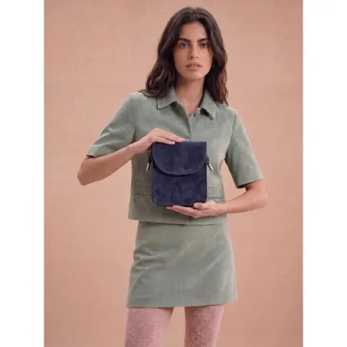 MINE BILGI Naya Suede Leather Flap Crossbody & Shoulder Bag - Navy