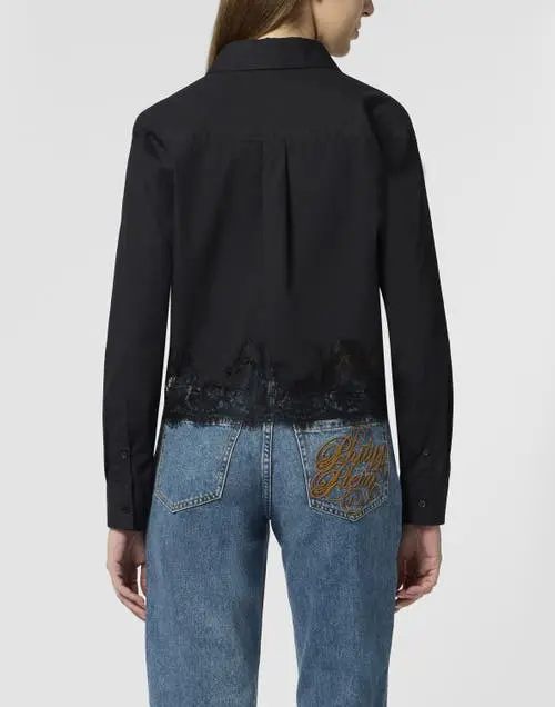 Philipp Plein Cropped Cotton Poplin Shirt With Lace Detail