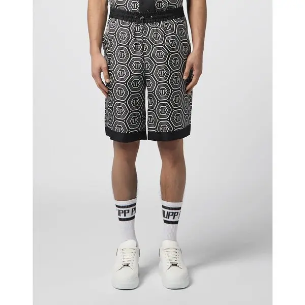 Philipp Plein Silk Drawstring Shorts Monogram 70's - Black