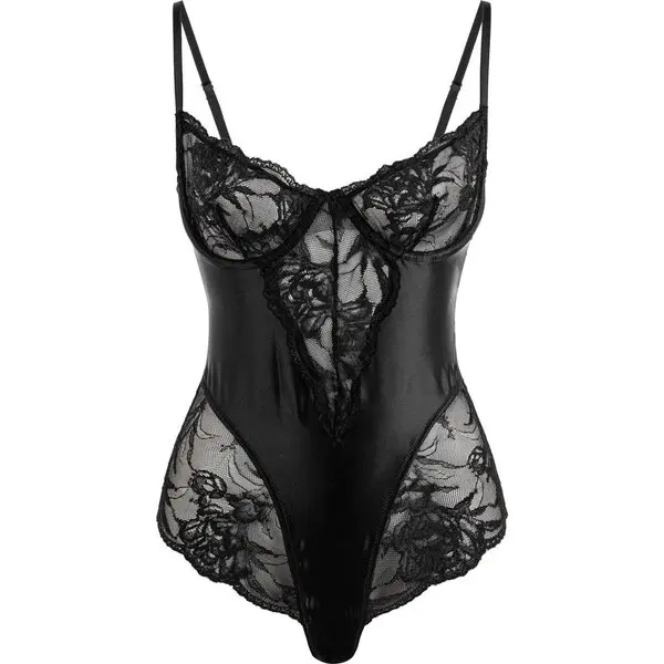 MERS SILK Eclipse Bodysuit With Lace And Sculpting Panels - Black