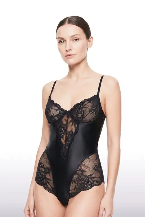 MERS SILK Eclipse Bodysuit With Lace And Sculpting Panels - Black