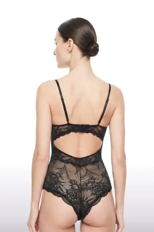 MERS SILK Eclipse Bodysuit With Lace And Sculpting Panels - Black