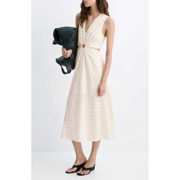 Mango Openwork Cotton Cutout Midi Dress - Ecru